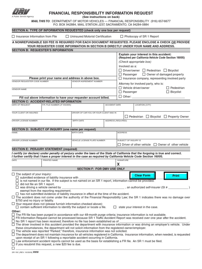 California DMV Form Driver Financial Responsibility Document Request ...