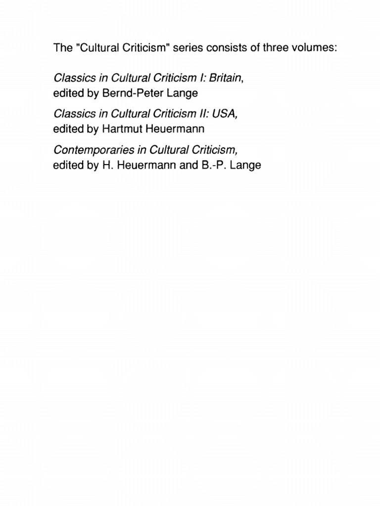 Classics in Cultural Criticism I: Britain, Edited by Bernd-Peter Lange ...