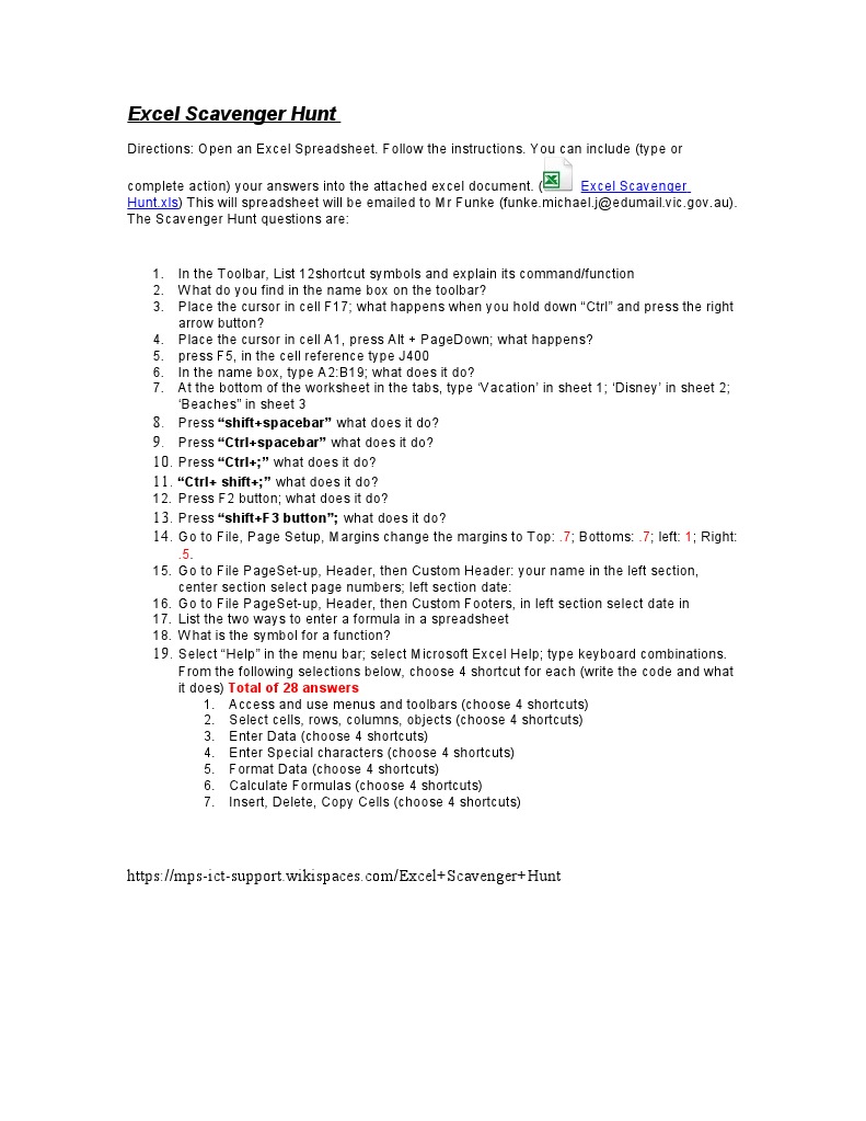 Excel Scavenger Hunt Instructions | PDF | Games & Activities | Teaching ...