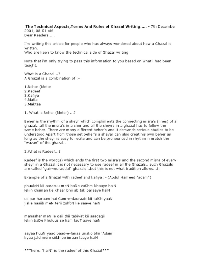 The Technical Aspects, Terms and Rules of Ghazal Writing | PDF | Poetic ...