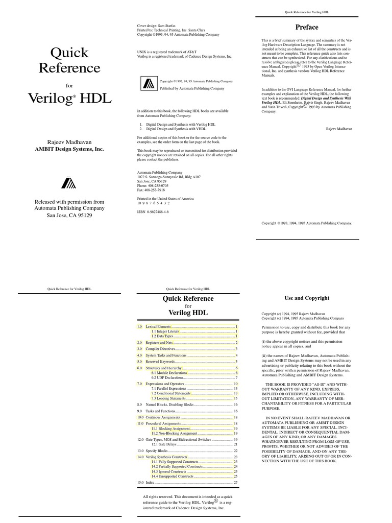 Verilog Quick Reference Card Pdf Hardware Description Language Array Data Structure