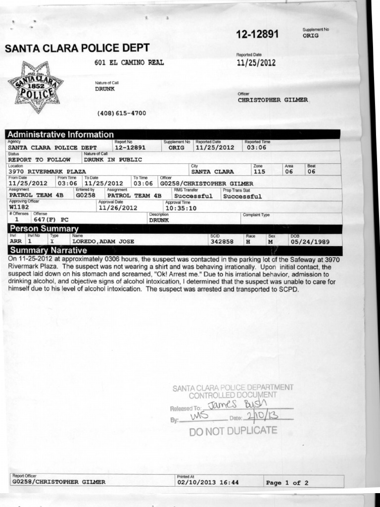 Santa Clara Police Department Report No. 12-12891 | PDF | Language Arts ...