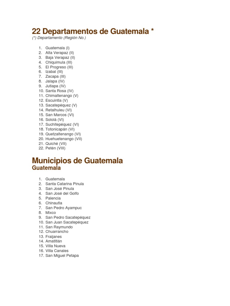 Los municipios de los 22 departamentos de Guatemala | PDF | Guatemala