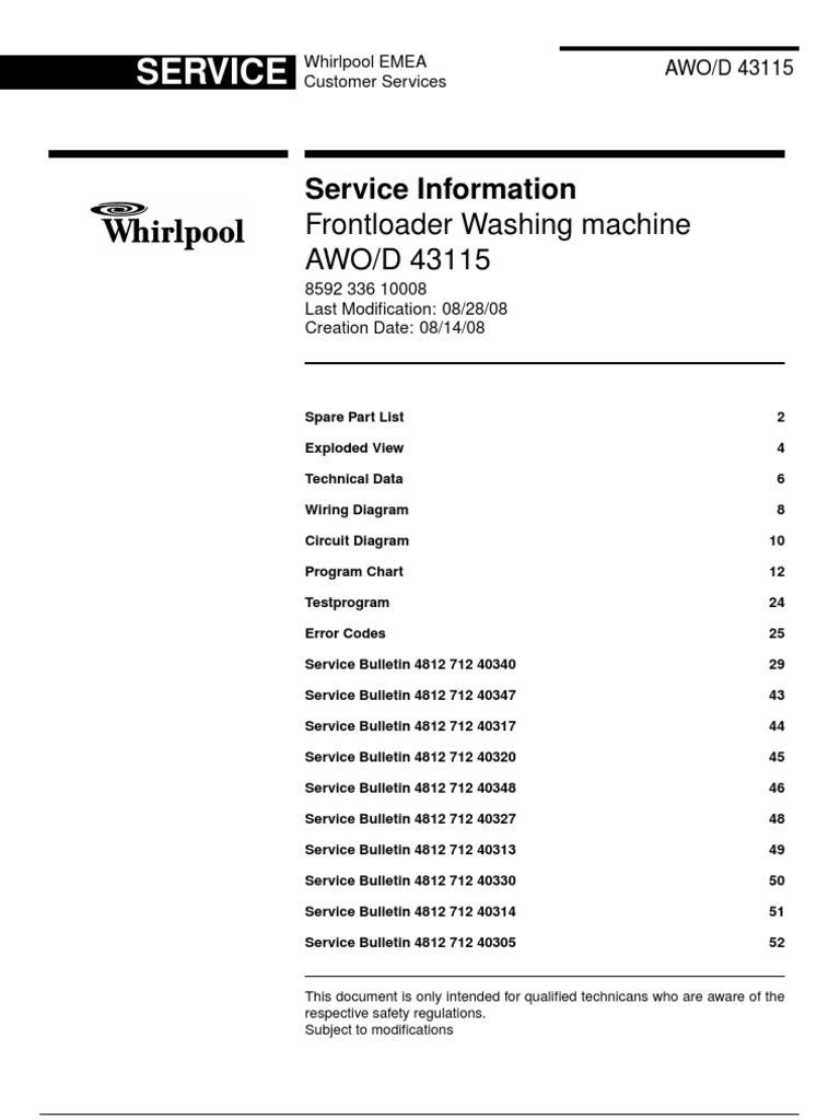 Whirlpool - Service Information Frontloader Washing Machine AWO/D 43115 ...