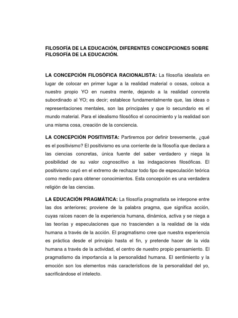 Concepciones de la Filosofía Educativa | PDF | Pragmatismo | Realidad