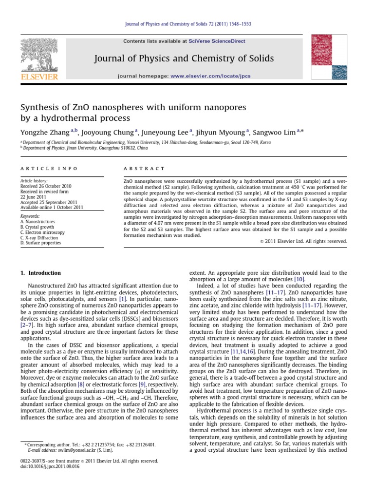 Synthesis of ZnO Nanospheres With Uniform Nanopores by A Hydrothermal Process | PDF | Zinc Oxide ...