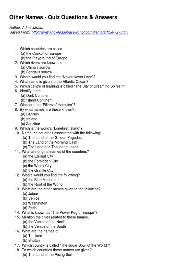 Other Names and Their Meanings: A Quiz on Alternative Titles for ...