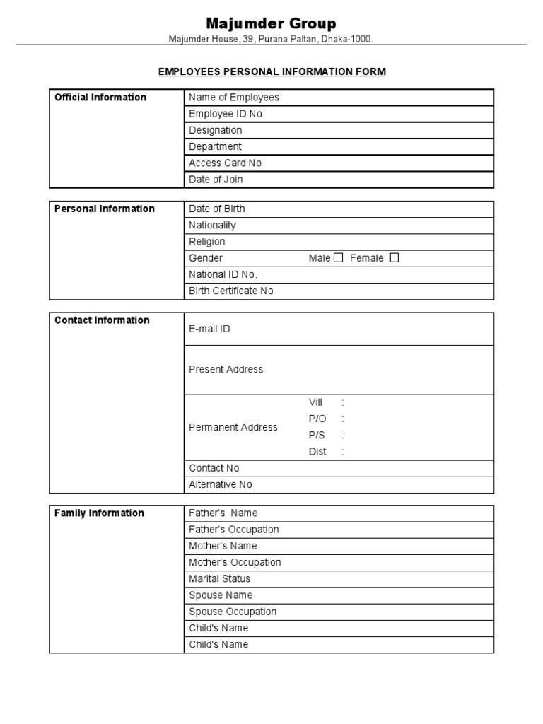 Employee Personal Information Form | PDF