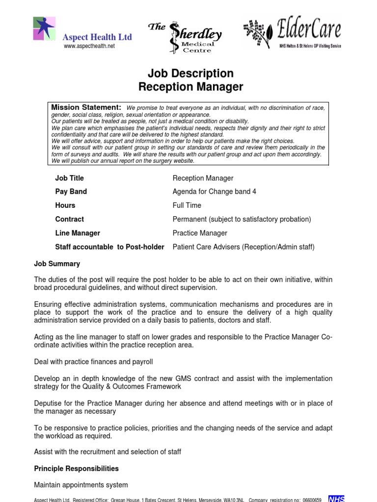 Job Description Reception Manager: Aspect Health LTD | PDF | Medical ...