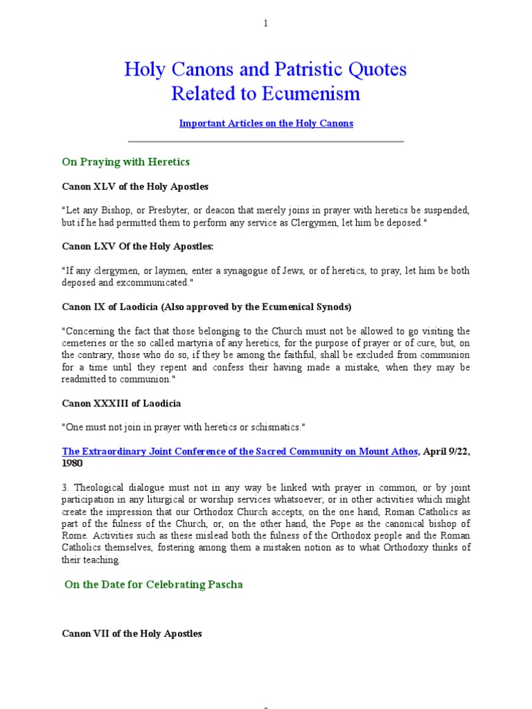 Holy Canons and Patristic Quotes Related To Ecumenism: On Praying With ...