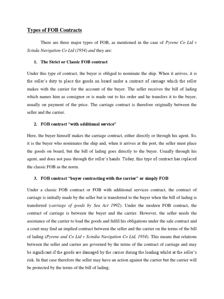 Types of FOB Contracts: Scinda Navigation Co LTD (1954) and They Are ...