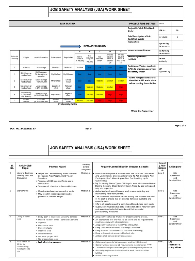 Job Safety Analysis (Jsa) Work Sheet: Risk Matrix Project /job Details ...