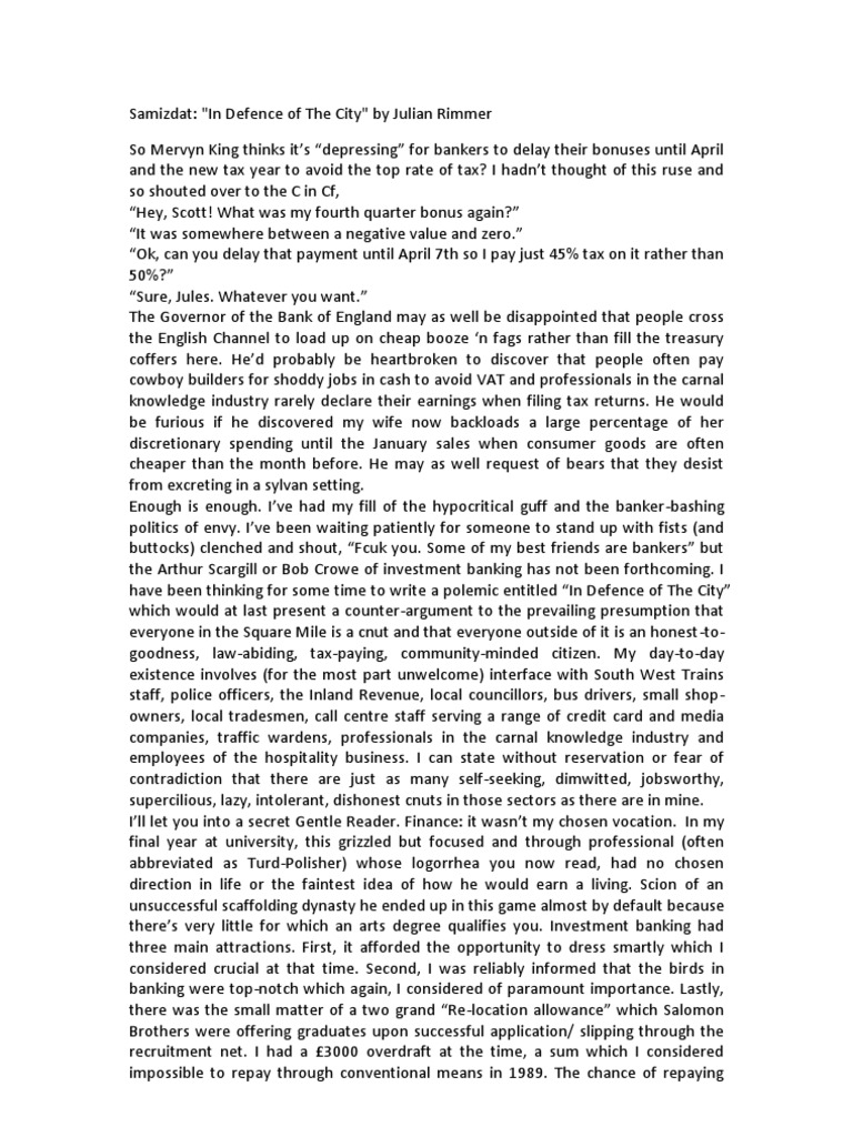 Samizdat: "In Defence of The City" by Julian Rimmer | PDF | Banks | Taxes