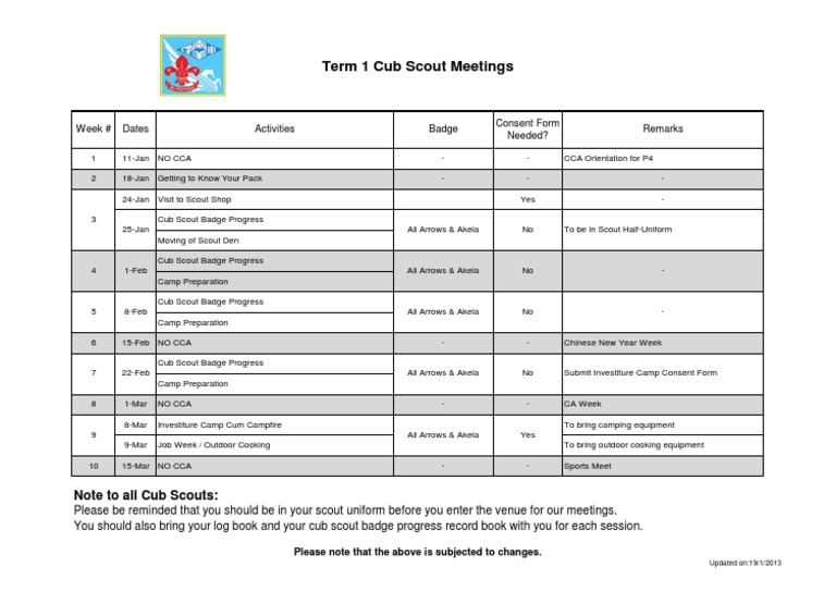 2013 Term 1 Cub Scout Meeting Schedule | PDF