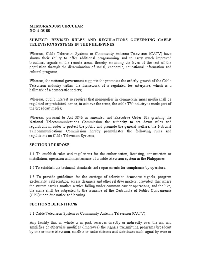 Revised Rules and Regulations for Philippine Cable TV Systems | PDF ...