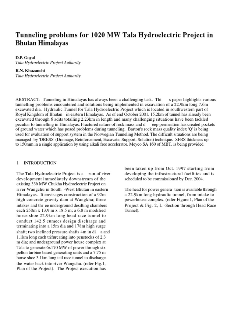Tunneling Problems For 1020 MW Tala Hydroelectric Project in Bhutan ...