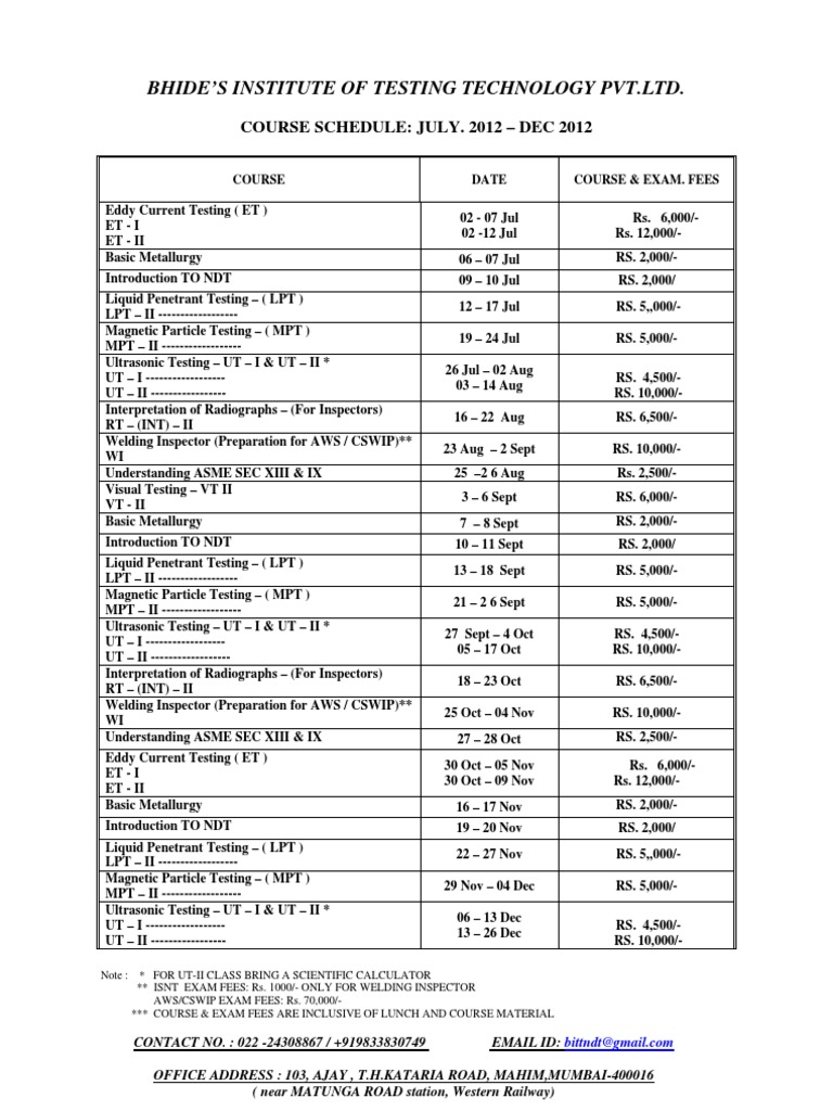 NDT Course Schedule 2012 | PDF