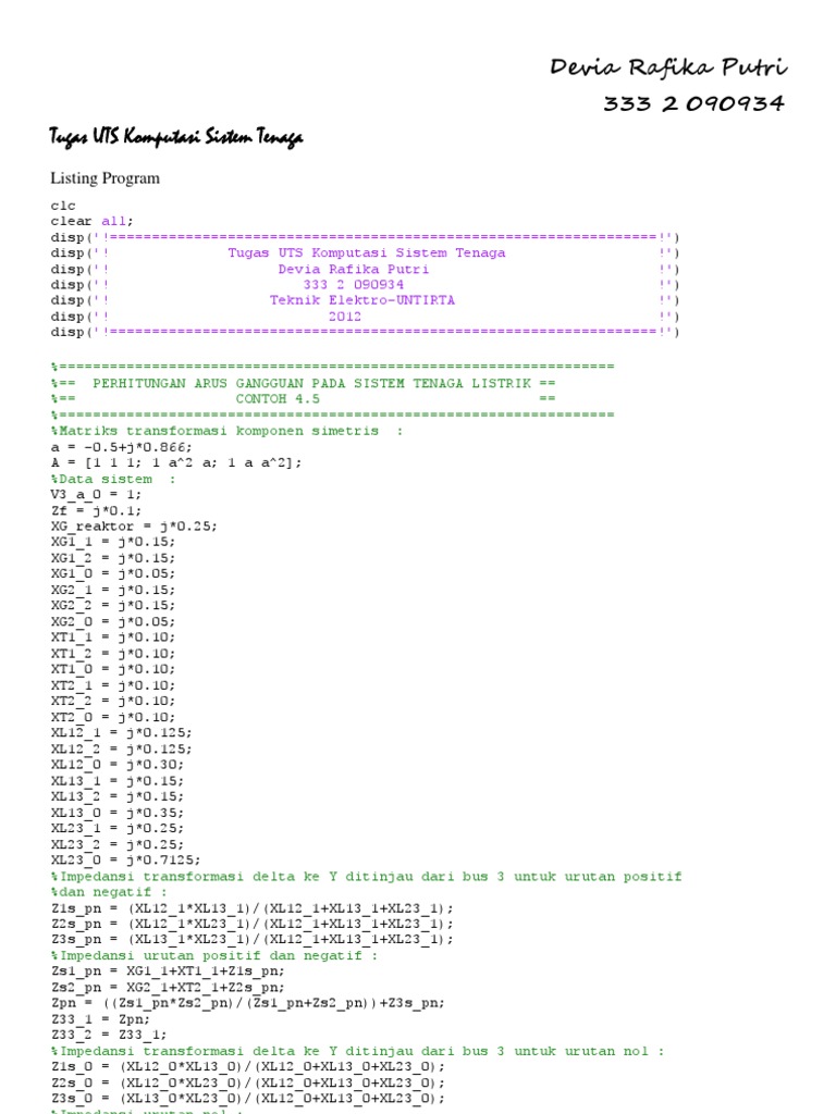 Contoh Listing Program Sistem Tenaga Di MATLAB | PDF