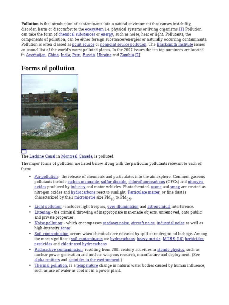 Forms of Pollution: Pollution Is The Introduction of Contaminants Into ...