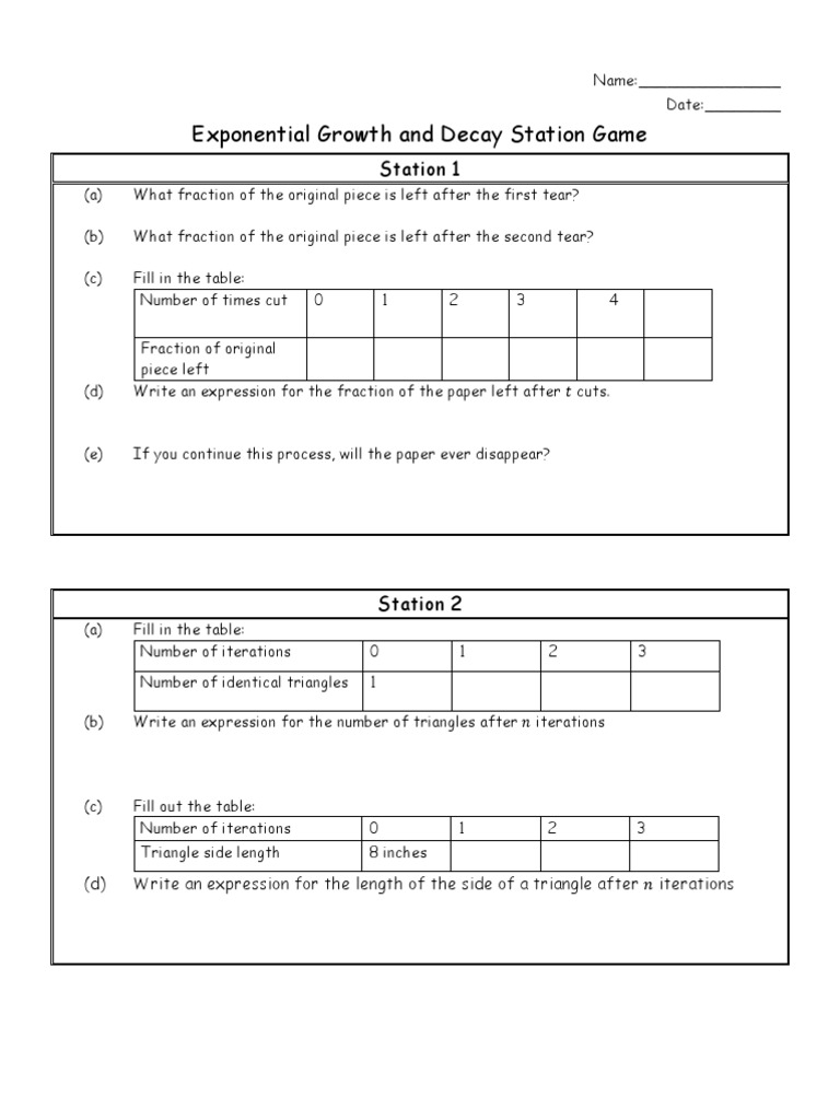 Worksheet To Accompany Exponential Growth and Decay Stations Game | PDF