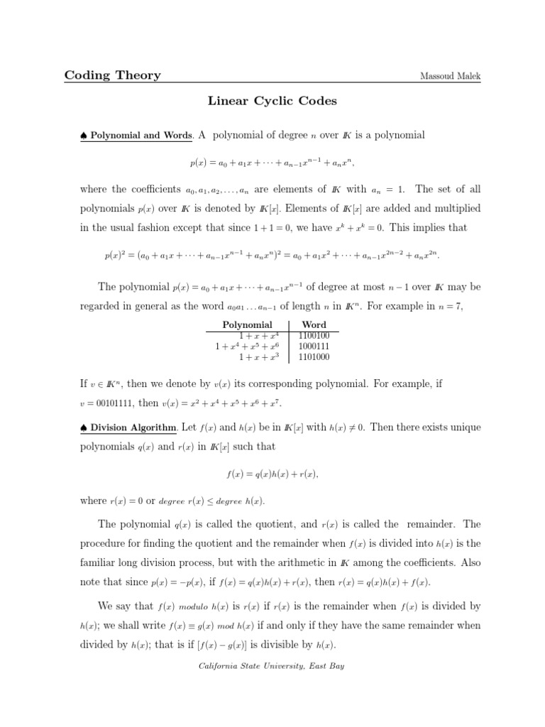 Coding Theory Linear Cyclic Codes: 0 1 N 1 N 1 N N | PDF | Applied Mathematics | Theoretical ...
