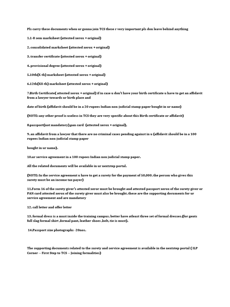 Document Checklist for Joining Training at TCS: A Comprehensive List of Academic, Identity, and ...