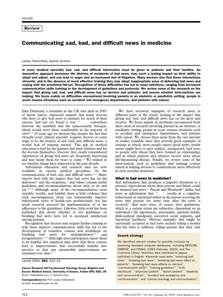 Communicating Bad News in Medicine | PDF | Grief | News