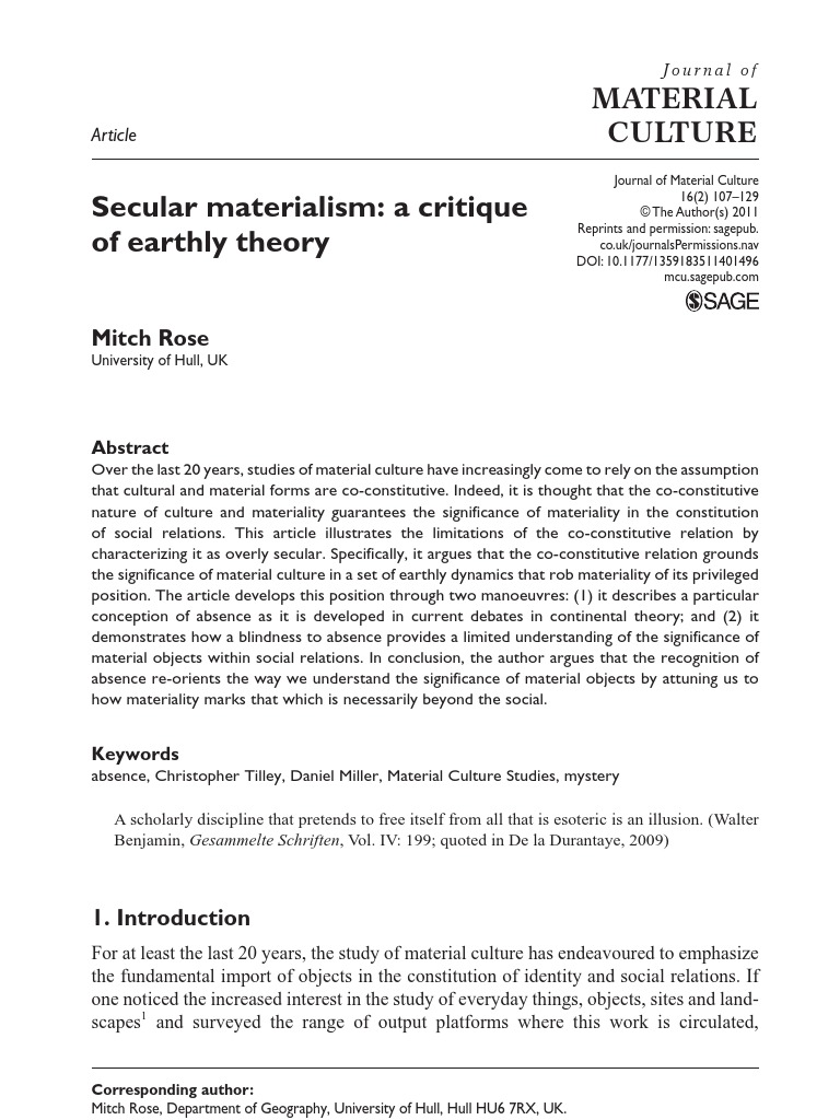 Secular Materialism: A Critique of Earthly Theory: Material Culture ...