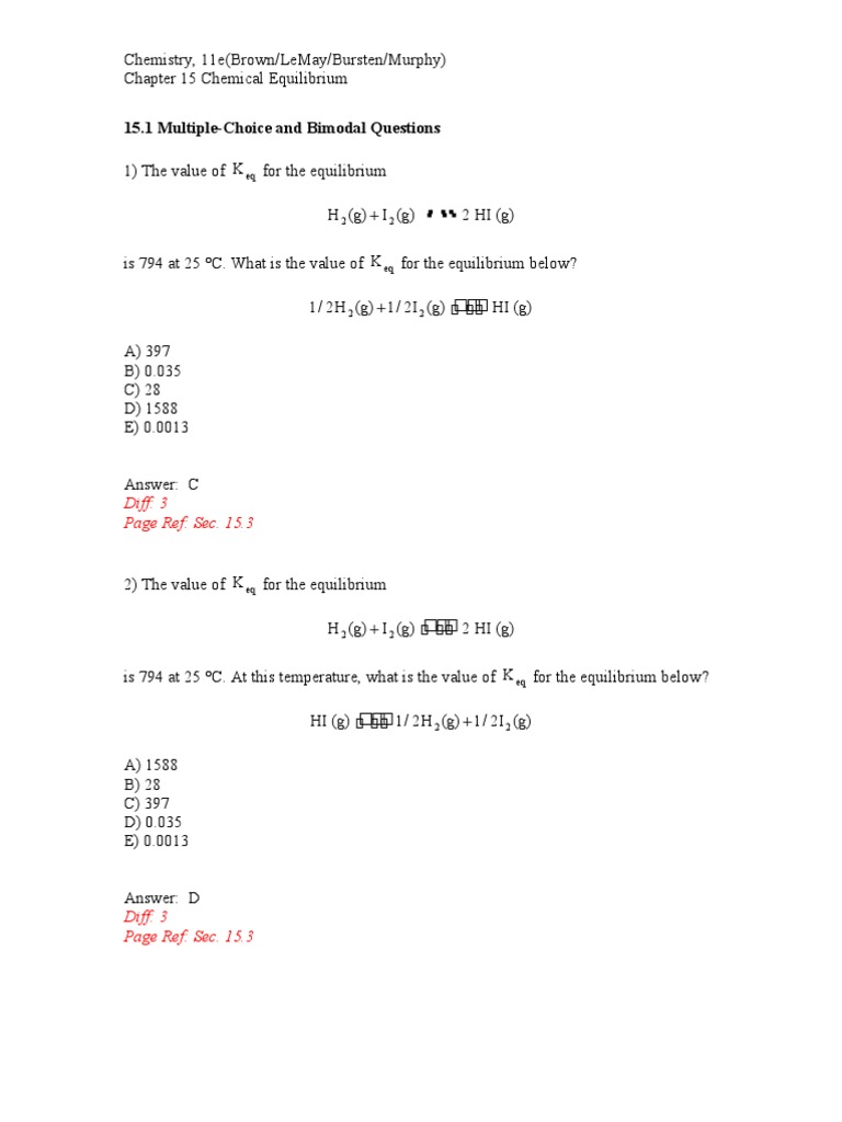 Chemical Equilibrium Practice Questions | PDF | Chemical Equilibrium | Acid