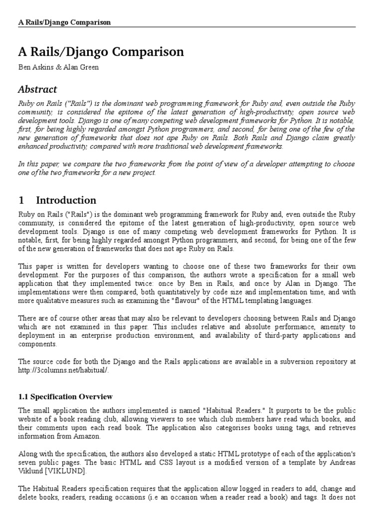 A Rails/Django Comparison. by Alan Green and Ben Askins. | PDF