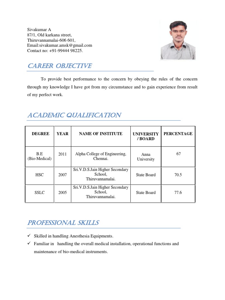 Biomedical Engineer Resume of Sivakumar | PDF | Monitoring (Medicine) | Biomedical Engineering