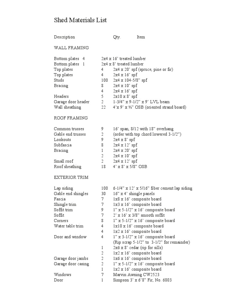 Shed Material List Part (1 of 9) | PDF | Framing (Construction) | Lumber