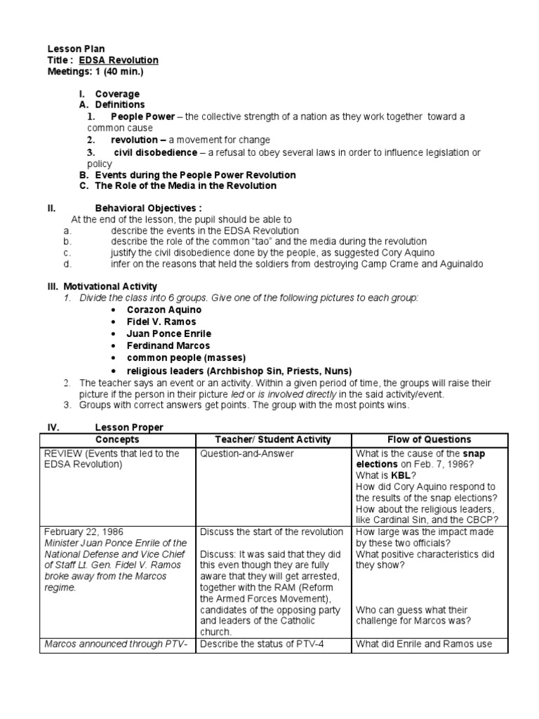 Lesson Plan EDSA Revolution | Juan Ponce Enrile | Corazon Aquino