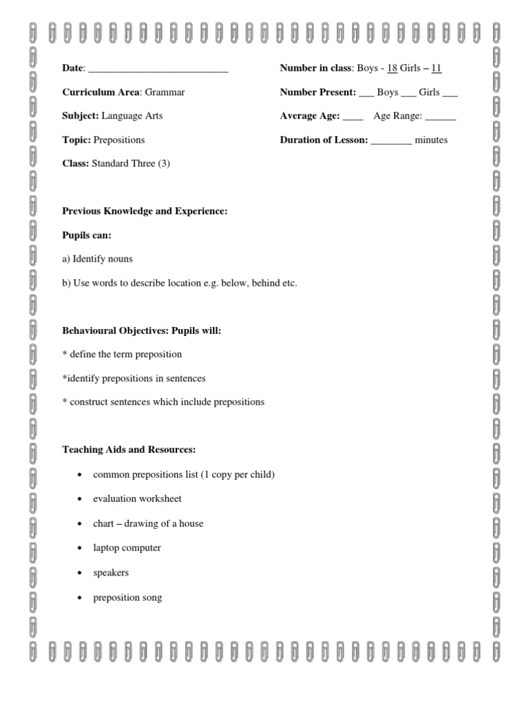 Prepositions Lesson Plan | PDF | Preposition And Postposition | Teachers