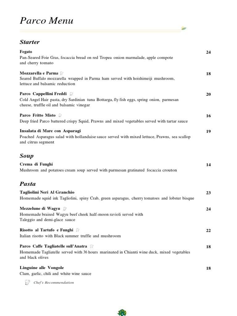Parco Menu: Starter | PDF | Pizza | Sauce