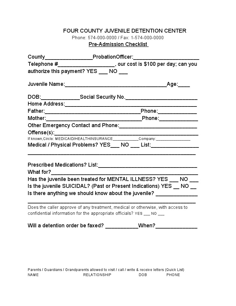 Juvenile Detention Center Pre-Admission Checklist | PDF | Career ...