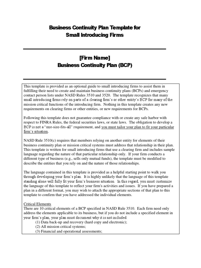 Business Continuity Plan Template | PDF | Financial Industry Regulatory ...