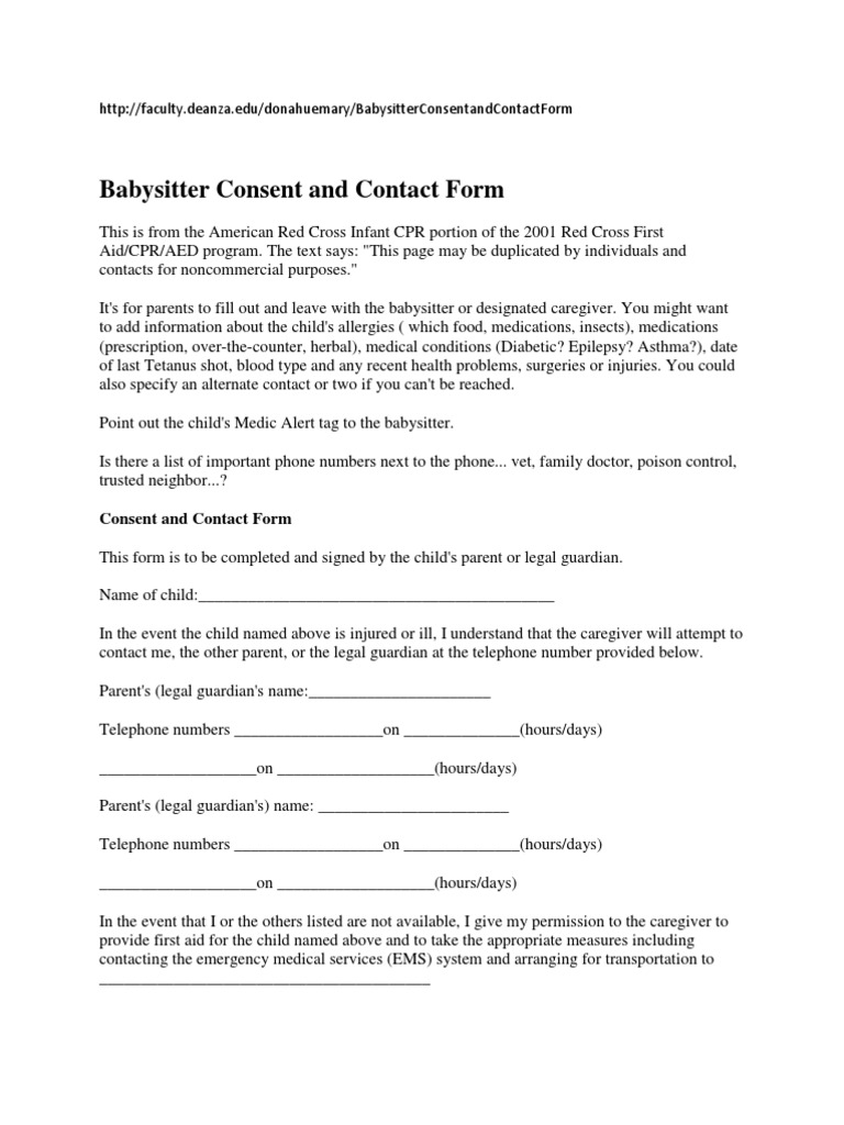 Babysitter Consent and Contact Form | Caregiver | Babysitting