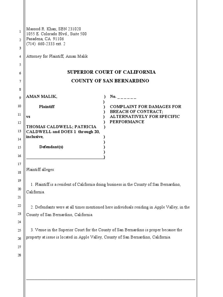 complaint sample | Specific Performance | Damages