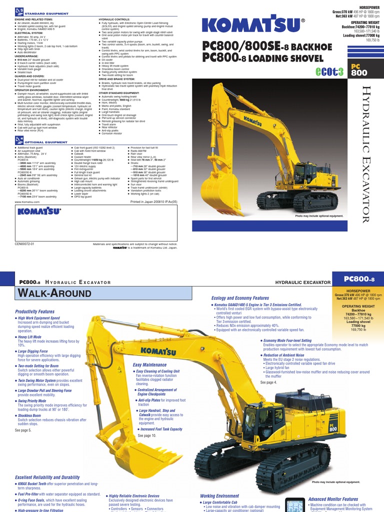 PC800 Hydraulic Excavator Specs & Features | PDF | Electrical Connector ...