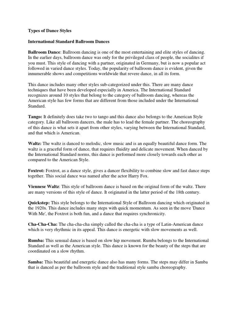 Types of Dance Styles | PDF | Ballroom Dance | Dances