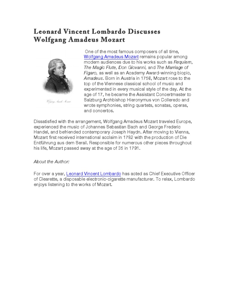 Leonard Vincent Lombardo Discusses Wolfgang Amadeus Mozart | PDF ...