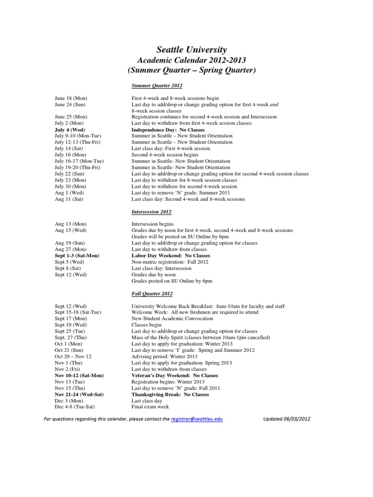 Seattle University Academic Calendar 2012-2013 | PDF | Academic Term ...