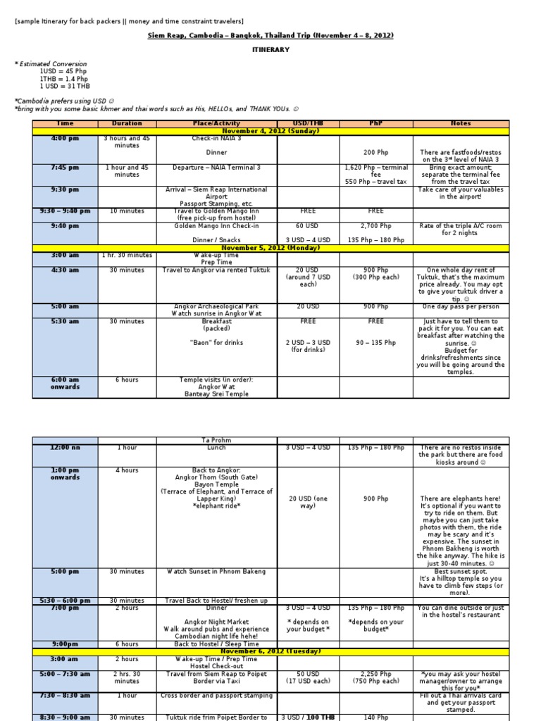 (Sample) Siem Reap - BKK Itinerary For Backpackers | PDF | Angkor ...