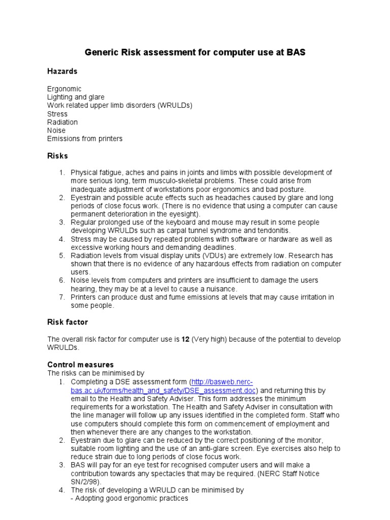 Generic Risk Assessment For Computer Use at BAS: Hazards | PDF | Human ...