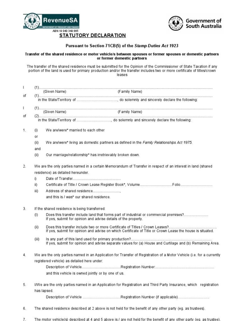 Statutory Declaration: Pursuant To Section 71CB (5) of The Stamp Duties ...