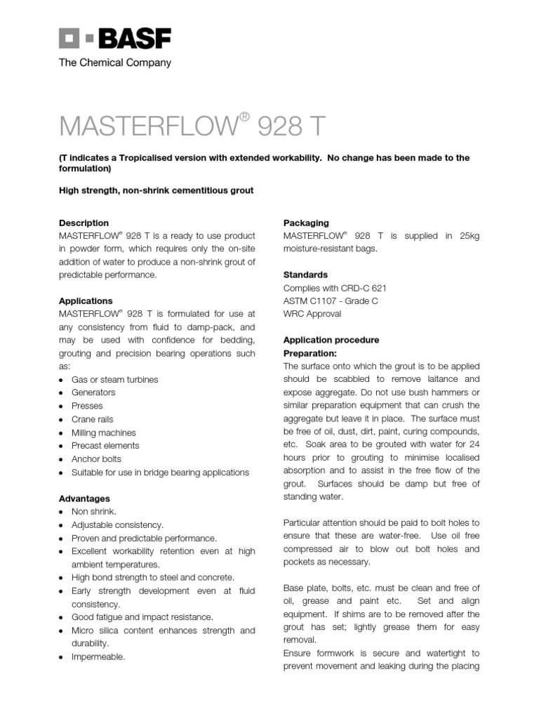 Masterflow 928 T | PDF | Strength Of Materials | Young's Modulus