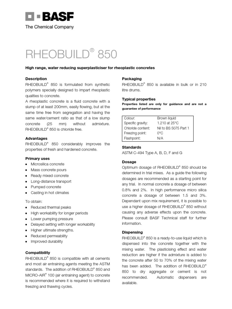 Rheobuild 850 | PDF | Concrete | Materials