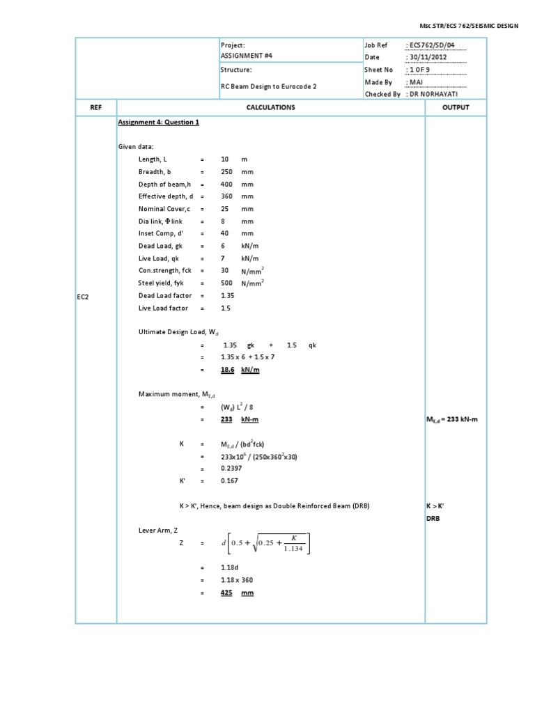 Assignment 4: Question 1 REF Output Calculations: MSC - Str/Ecs 762/seismic Design | PDF | Beam ...