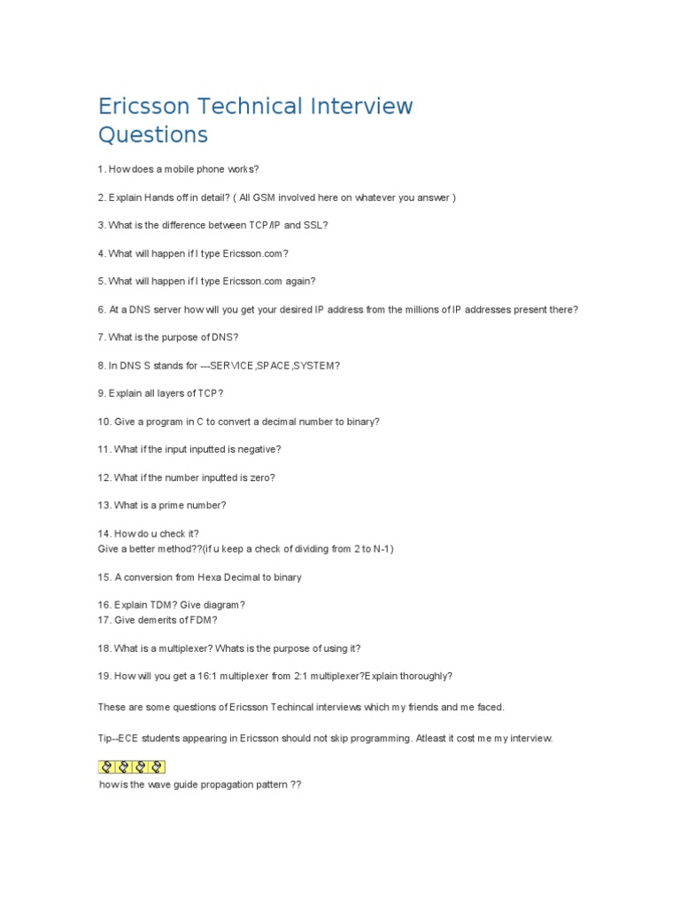 Ericsson Interview Questions Pdf Internet Protocol Suite Modulation